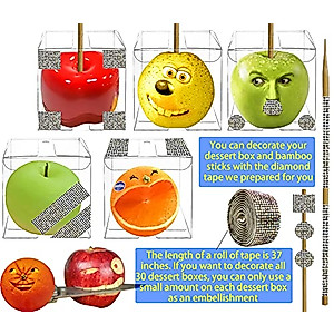 BadenBach 30 Set 4" Clear Candy Apple Boxes with Hole, Candy Apple Kit Supplies Containers Apple Boxes with 30 Pcs 7" Thick Candy Apple Sticks and 35.5" Self-Adhesive Rhinestone Stickers