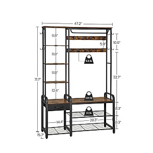 Hzuaneri Hall Tree, Coat Rack with 3-Tier Storage Bench and 1 Drawer, 5-in-1 Entryway Bench with 17 Hooks, 1 Hanging Rod, 4-Tier Side Shelves, Rustic Brown HT03501B