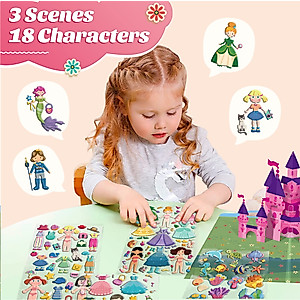 Kids Puffy Stickers - 3D Reusable Stickers Activity Pad with Pop Up Castle, 320+ Stickers with 3 Scenes, Dress-up Princess, Mermaid, Fashion Show. Travel Toys for Kids, Fold and Go Sticker Pad.