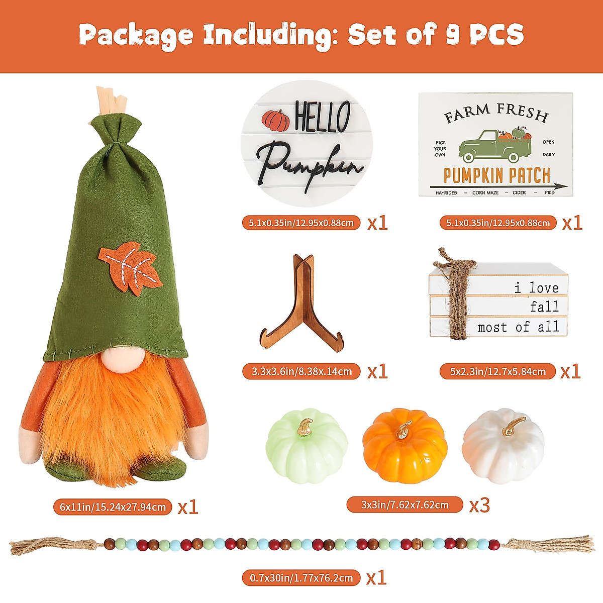 Liswit Set of 9 Fall Tiered Tray Decor with Gnome Book Stack Hello Pumpkin 3 Artificial Pumpkins & Bead for Autumn Halloween Thanksgiving Harvest Decoration Home Decor Set