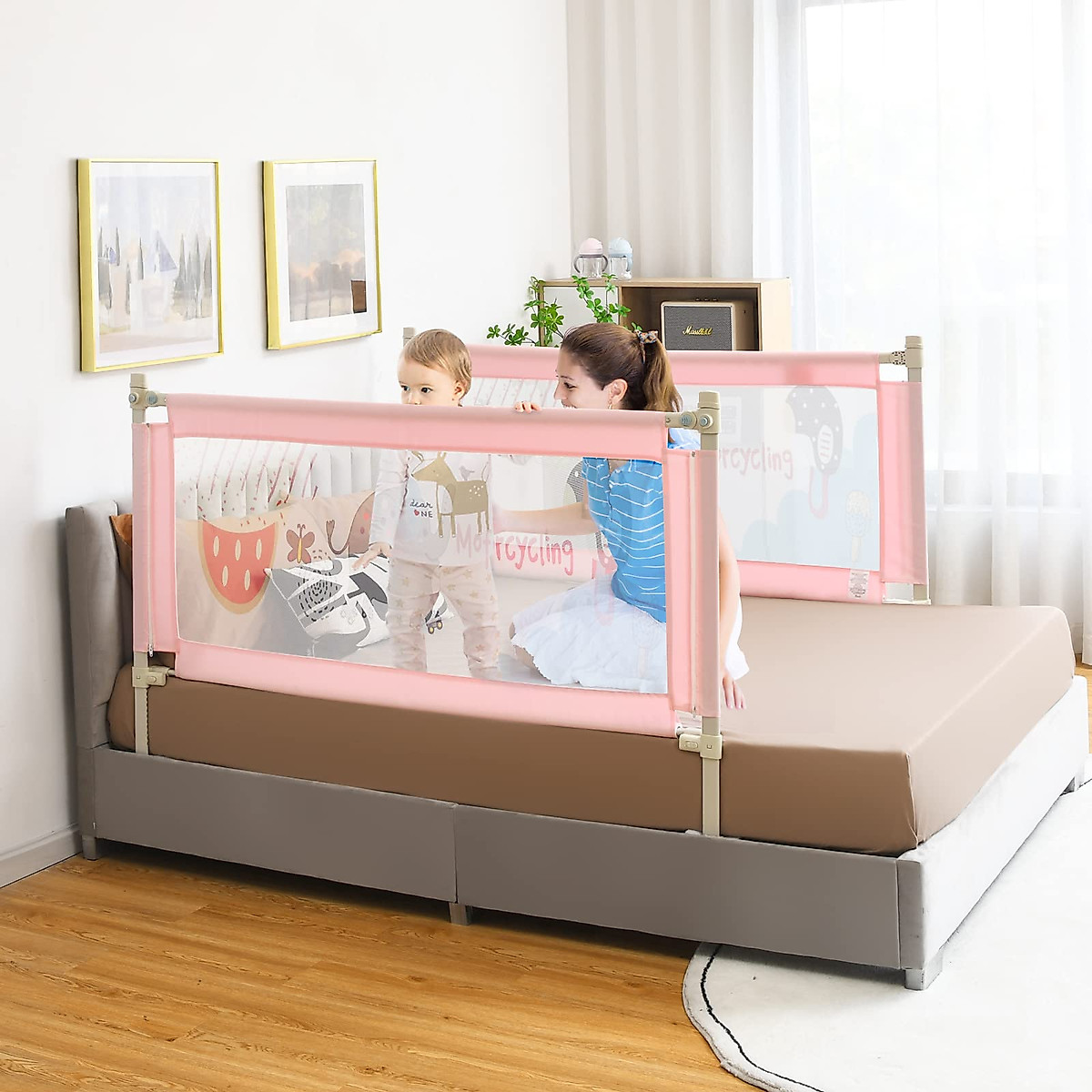 BABY JOY Bed Rail for Toddlers, 57’’ Extra Long, Height Adjustable & Foldable Baby Bed Rail Guard w/Breathable Mesh & Double Safety Child Lock for Kids Twin Double Full Size Queen King Mattress, Pink