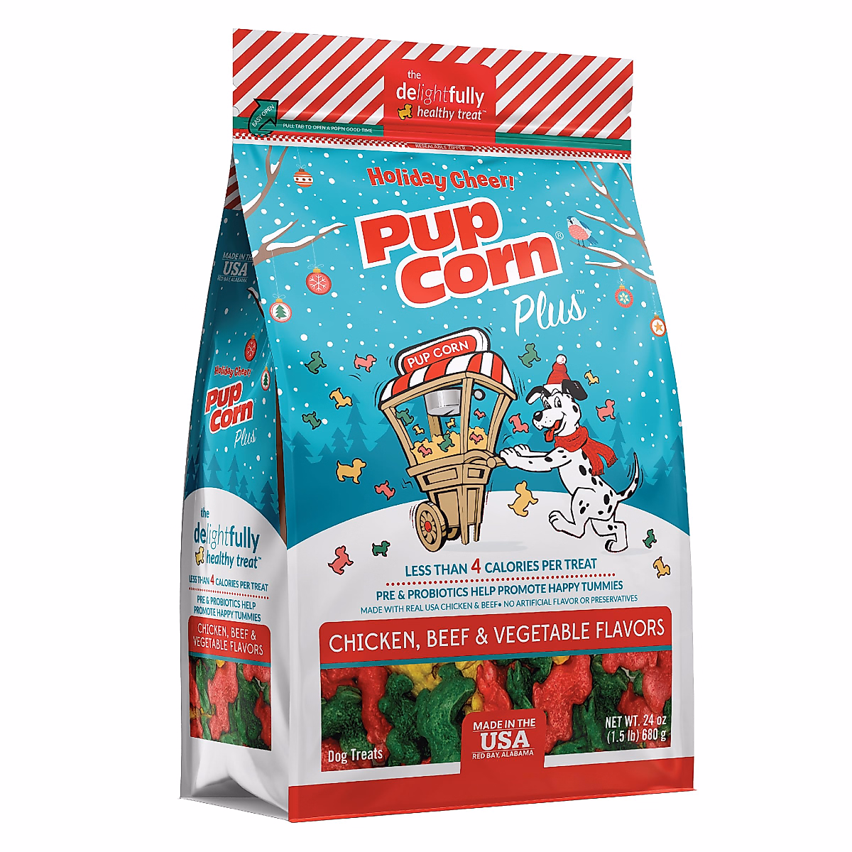 Pup Corn Plus - Puffed Dog Treats with Prebiotics and Probiotics - Holiday Cheer Flavored (24oz) - Made in USA