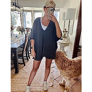 TIQOJE Womens Workout Set 2 Piece Outfits Oversized V Neck T Shirt Biker Shorts Reversible Set(-Darkgrey01-Medium)