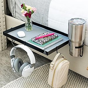 Premium Steel Bedside Shelf, Bunk Bed Shelf Organizer for Top Bunk Clip On Nightstand for College Dorm Loft Bed Bedside Shelf Tray for Kids with Cupholder, Hooks, Cable Organizer (Clamp, Black)