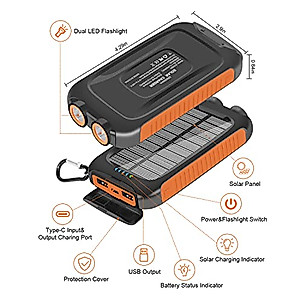 Solar Charger 20000mAh Solar Power Bank Portable Charger External Battery Pack USB C Input/Output Port Waterproof Solar Panel Charger with Dual LED Flashlights for iOS, Android and Outdoor Camping
