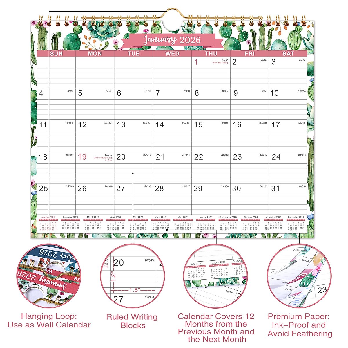 2025-2026 Wall Calendar - 18 Months Wall Calendar 2025-2026 from Jul. 2025 - Dec. 2026, 11" x 8.5", Twin-wire Binding, Ruled Blocks with Julian Dates