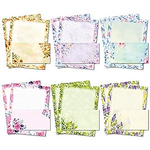 Stationary Writing Paper with Envelopes - Flora Stationery Set with Lined Letter Writing Paper, 48 Sheets + 24 Envelopes, 8.5 x 11 Inch of Each Stationary Paper