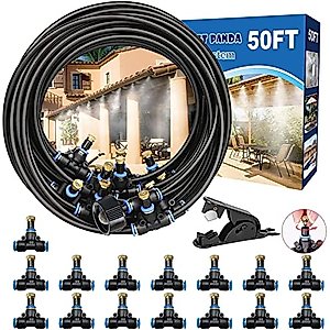 Misters for Outside Patio,Outdoor Water Misting Cooling System,50FT|15M.Backyard Mist Hose Kit for Garden,Greenhouse,Fan,Deck,Umbrella,Canopy,Pool,Porch.Trampoline Sprinkler Park,BBQ Party Accessories
