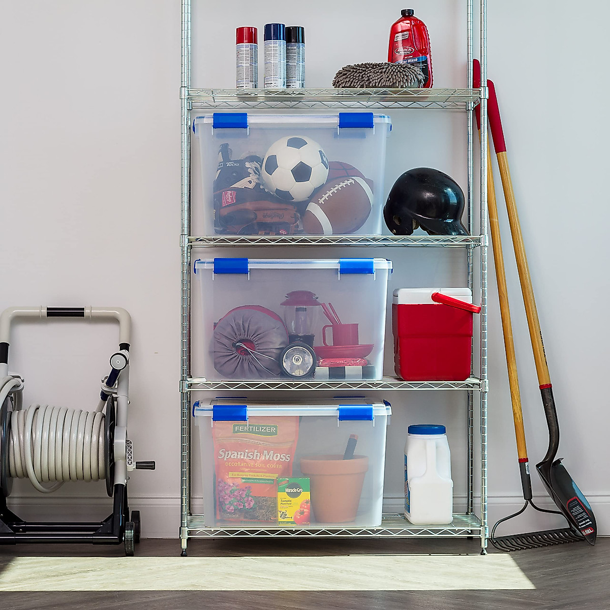 IRIS USA 74 Qt Storage Box with Gasket Seal Lid, 3 Pack - BPA-Free, Made in USA - Heavy Duty Moving Containers with Tight Latch, Weather Proof Tote Bin, WEATHERPRO - Clear/Blue