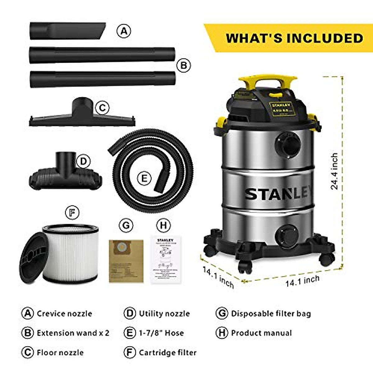 Stanley SL18117 Wet/Dry Vacuum, 8 Gallon, 4 Horsepower, 4.0 HP, Silver