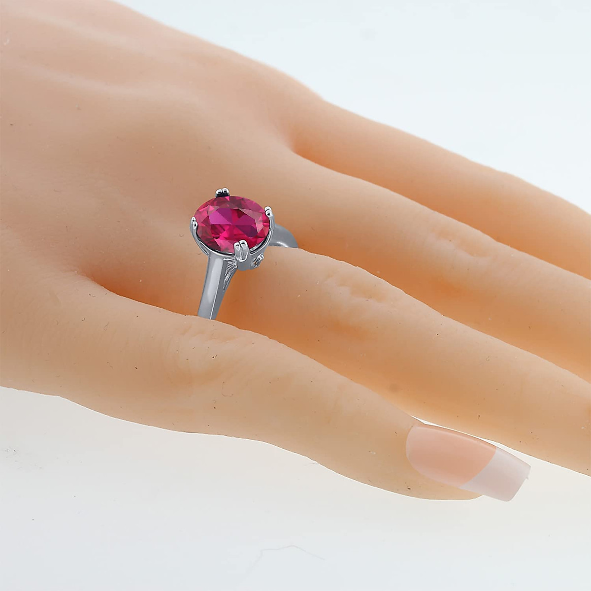 Gem Stone King 925 Sterling Silver Red Created Ruby and White Diamond Solitaire Engagement Ring For Women (4.03 Cttw, Oval 11X9MM, Available in size 5, 6, 7, 8, 9)