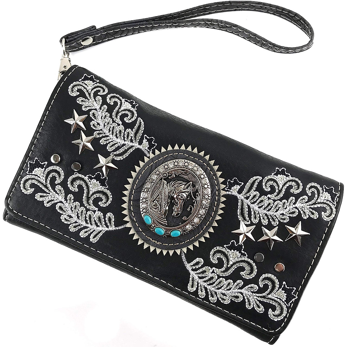 Zelris Western Horse Portrait Star Floral Women Crossbody Wrist Trifold Wallet (Black)