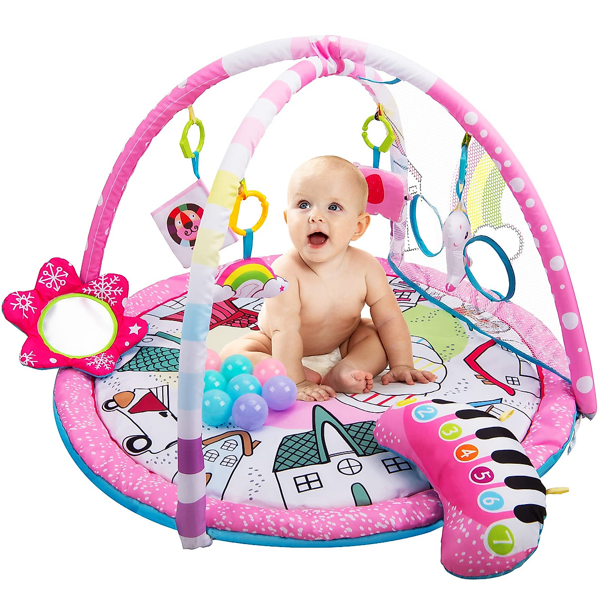 Amagoing Baby Gym Play Mat,4-in-1 Infant Activity Gym with 6 Detachable Toys & Ball Pit for Toddler Sensory and Motor Skill Development Discovery, Newborn Essential Gifts for 0-12 Months Baby Girl Boy