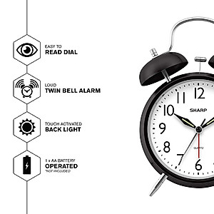 SHARP Twin Bell Alarm Clock - Loud Alarm - Great for Heavy Sleepers - Battery Operated Quartz Analog Clock (Midnight Black)