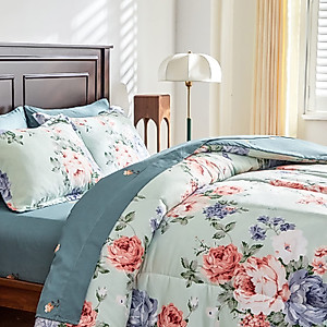 Floral Comforter Sheet Set Bed in a Bag 6 Pieces Twin Size Red Flowers Microfiber Summer Bedding Set (1 Comforter 2 Pillow Shams 1 Flat Sheet 1 Fitted Sheet 1 Pillowcases)