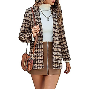 MEROKEETY Women's Long Sleeve Notch Lapel Fashion Plaid Jacket Coat Open Front Pockets Blazer Suit, Brown, L