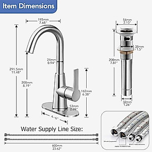 Phiestina Single Hole Brushed Nickel Bathroom Sink Faucet/Bar Sink/Pre-Kitchen Sink Faucet with 4 Inch Deck Plate,Drain and Supply Hoses, WE10-BN