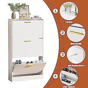 RESOM 3-Tier White Shoe Cabinet with Flip Drawers, Narrow Shoe Storage Rack, Modern Free Standing Tipping Bucket Shoe Organizer Cabinet for Entryway