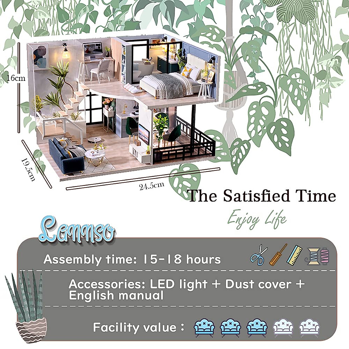 Lannso DIY Dollhouse Miniature Wooden Furniture Kit, Doll House Kit with Dust Proof Cover Music Box, Mini Handmade Wooden Dollhouse Toys for Adult Gift(L32)