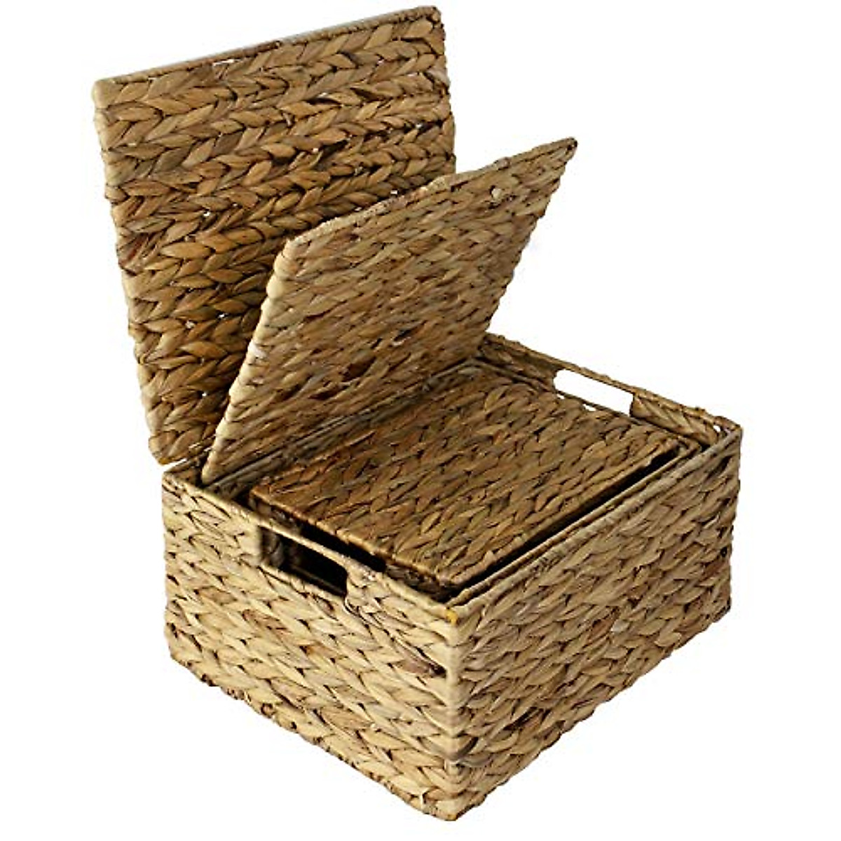 Set of 3 Pack Nesting Storage Baskets with Lids and Insert Handles for Home Organization | Closet Wicker Lidded Baskets for Shelves | Straw Wire Woven Storage Baskets with Lids (Water Hyacinth)