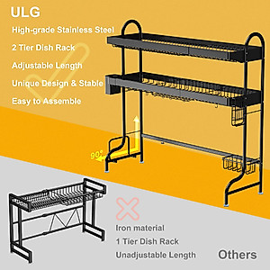 ULG Over The Sink Dish Drying Rack, 3 Tier Stainless Steel Length Adjustable (24.4"-37") Kitchen Counter Organizer, Large Dish Rack Drainer for Space Saver Storage Shelf with 6 Utility Hooks