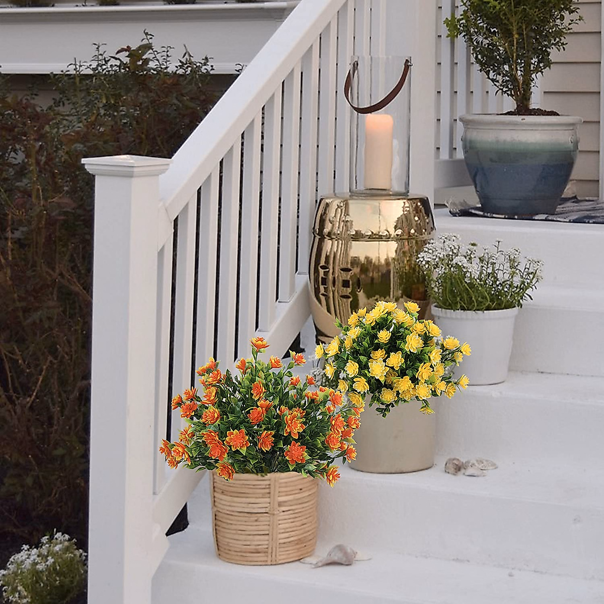 Rinlong 6Pcs Artificial UV Resistant Flowers Outdoor Fake Mums Plants Orange Plastic Flowers Plants Faux Flowers Fall Decor for Clearance Outdoor