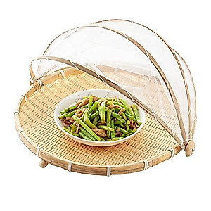 BAUHUS Round Bamboo Serving Food Tent Basket Picnic Basket Fruit Basket with net Cover Insect Proof, S
