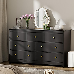 55'' Black Dresser for Bedroom, 7 Deep Drawer Large Wood Dresser with Gold Handles, Modern Wide Storage Dressers & Chests of Drawers for Entryway, Hallway
