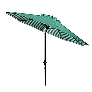 Safavieh PAT8007D Collection Athens Brown and White Inside Out Striped 9Ft Crank Outdoor Auto Tilt Umbrella