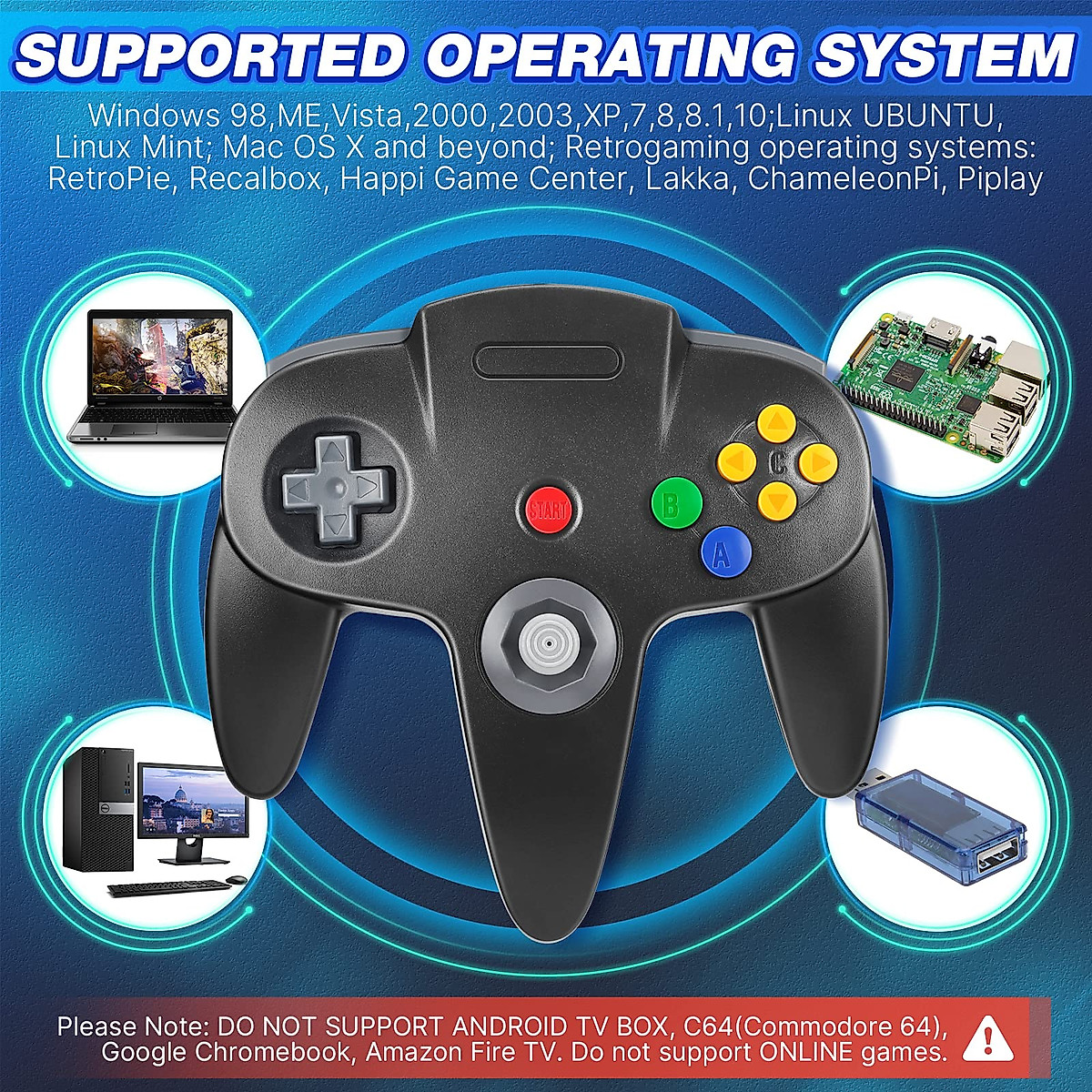 2 Pack USB N64 Controller, FISUPER Wired Video Game Controller USB Gamepad for Windows PC MAC Raspberry PI Retropie (Black)