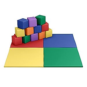 ECR4Kids SoftZone Quad Fold-N-Go Activity Mat and Patchwork Toddler Blocks, Beginner Playset, Assorted, 13-Piece