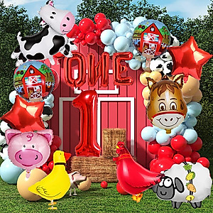 14 PCS Farm Animal Balloons Cow Sheep Duck Rooster Pig Donkey Balloons Barnyard Balloon Supplies with Large Number 1 Foil Balloon for Farm Animal Theme 1st Birthday Party Decor Supplies