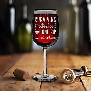shop4ever Surviving Motherhood One Sip At A Time Engraved Stemmed Wine Glass Funny New Mom Gift (16 oz.)