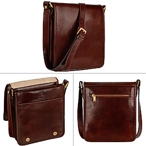 Time Resistance Italian Leather Messenger Bag for Men - Full Grain Crossbody, Tablet-Sized Shoulder Bag (Brown)
