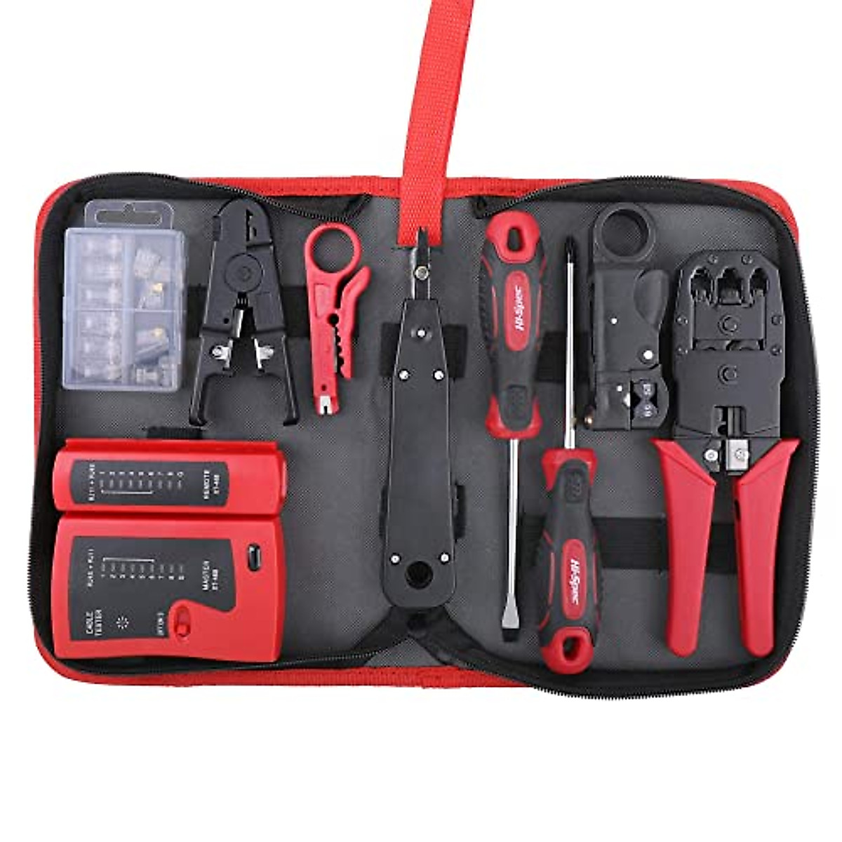 Hi-Spec 9pc Network Cable Tester Tool Kit Set for CAT5, CAT6, RJ11, RJ45. Ethernet LAN Crimper, Punchdown, Coax Stripper & More