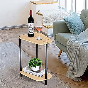 Small Side Table Set of 2, 2 Tier Bamboo End Table Corner Table Wedge Snack Table with Rounded Corner for Small Space, Living Room, Natural Bamboo