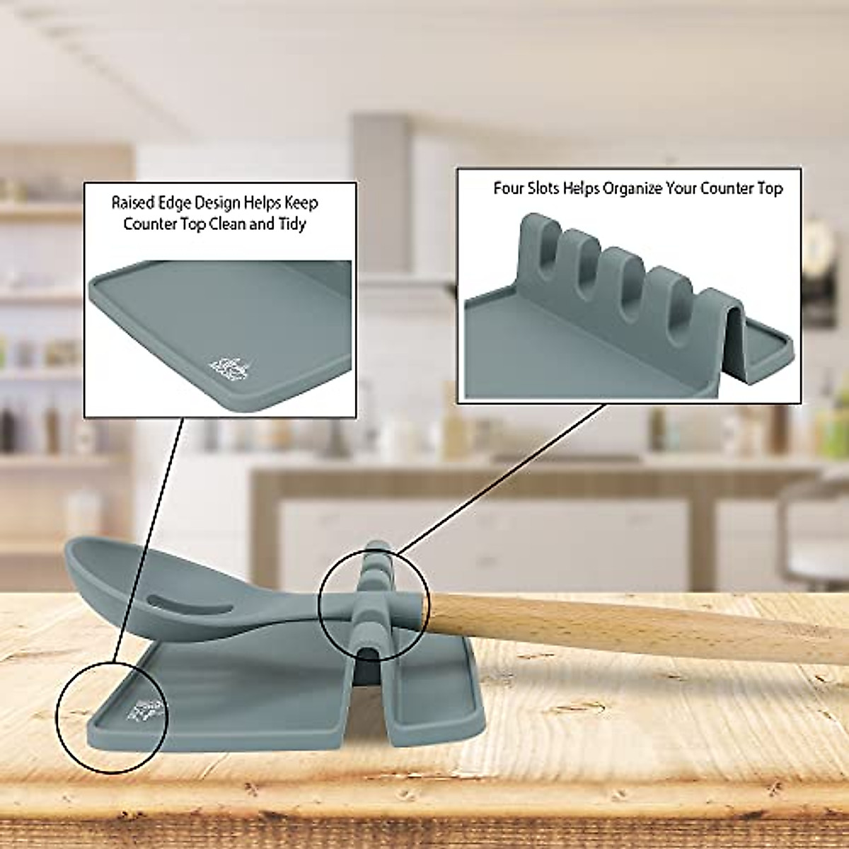 Silicone Utensil Rest with Slotted Serving Spoon - 4-Slot Drip Pad for Multiple Utensils | Wooden Handle Spoon | Kitchen Spoon Holder for Stove Top Heat-Resistant, BPA-Free Non-Stick Cookware - Gray