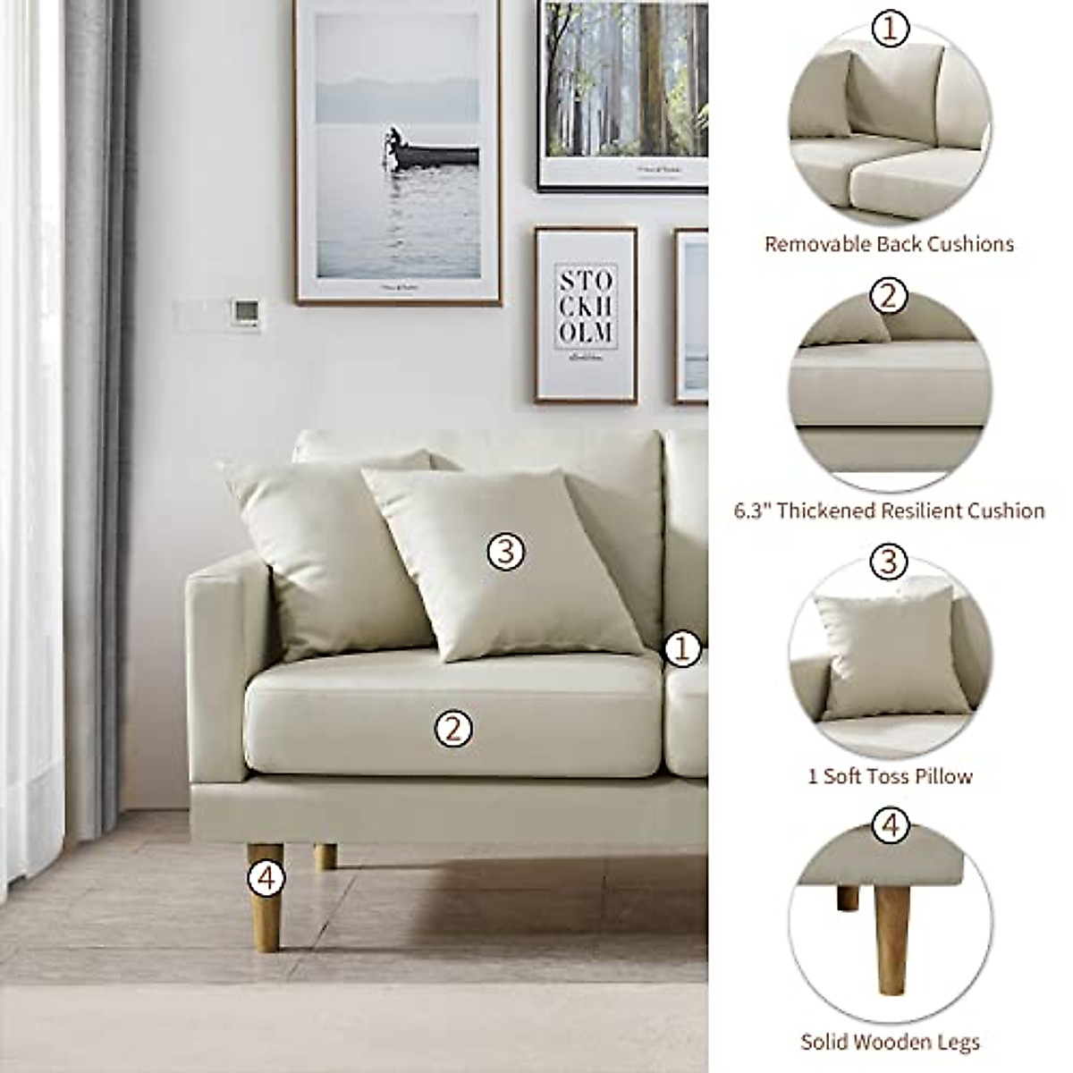 Husbedom 59" Loveseat Sofa, Modern Small Couches for Small Spaces, Living Room, Bedroom, Apartment, Dorm, with Throw Pillow, Beige