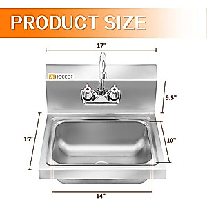 HOCCOT 304 Stainless Steel Sink, Wall Mounted Commercial Restaurant Sink, Hand Washing Sink with Back Splash, Utility Sink for Restaurant, Kitchen, Bar, Outdoor, 17" x 15"