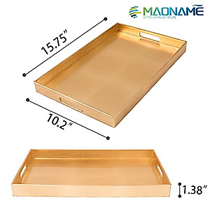 MAONAME Modern Gold Decorative Tray with Handles, Gold Leaf Serving Tray for Coffee Table, Rectangle Bathroom Decor Tray, 15.8" L x 10.2" W x 1.38" H