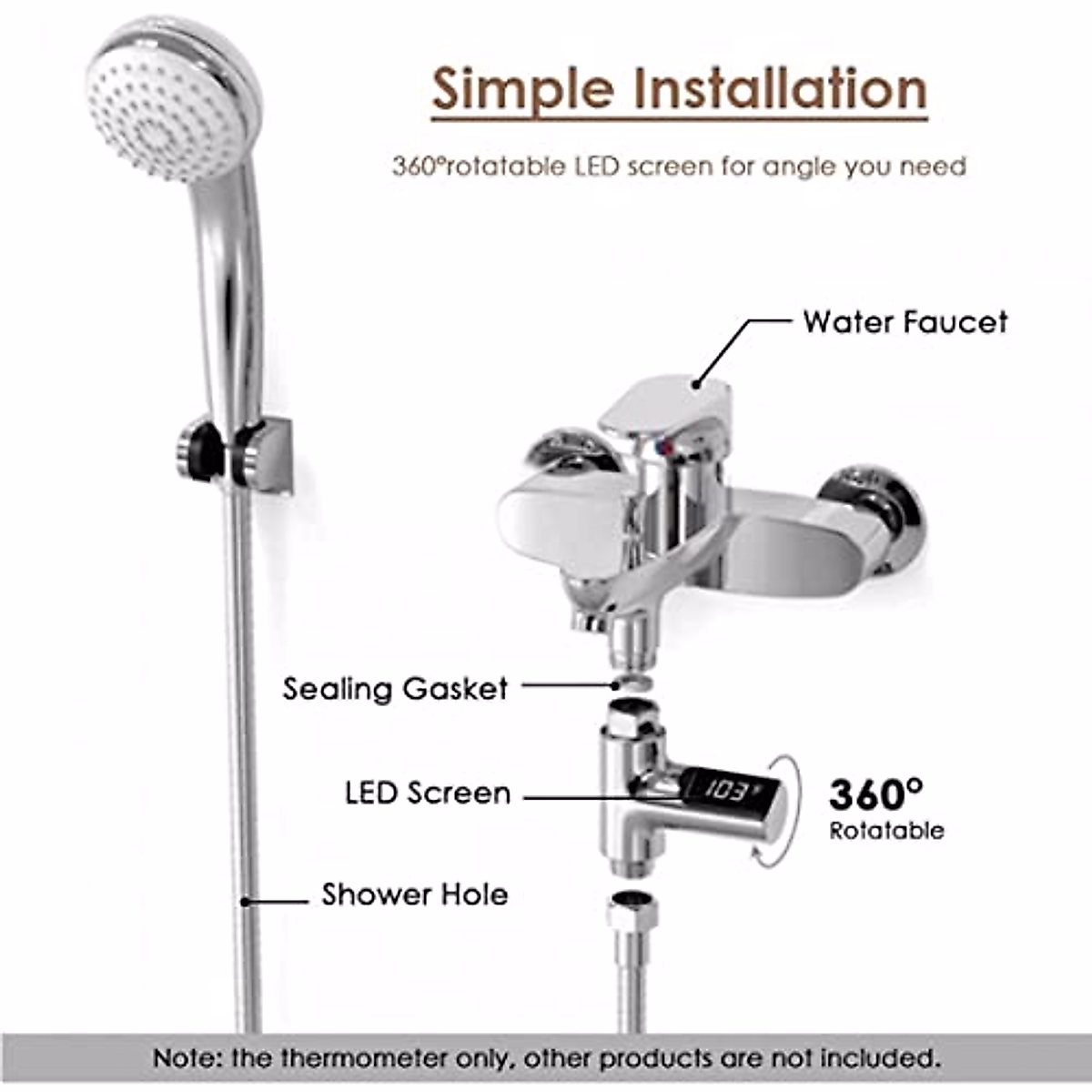 Yaoliucp Digital Shower Thermometer 5~85°C Digital Thermometer, with 360° Rotating Thermometer LED Water Meter Shower Water Thermometer for Elderly Children, Digital Thermometer