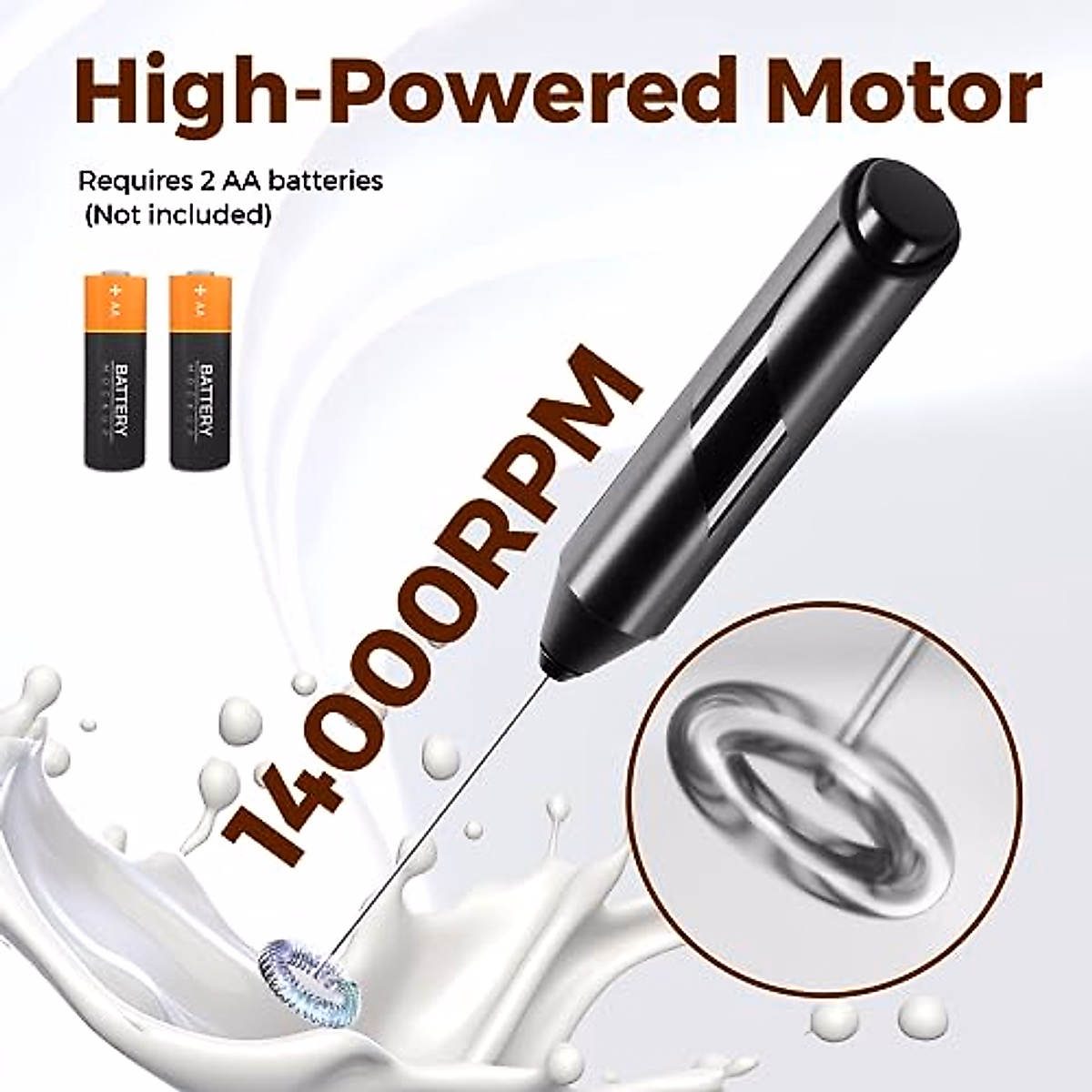 HealSmart Milk Frother Handheld, Battery Operated Whisk Maker with Stainless Steel Stand Hand Drink Mixer for Coffee, Lattes, Cappuccino, Matcha, Black