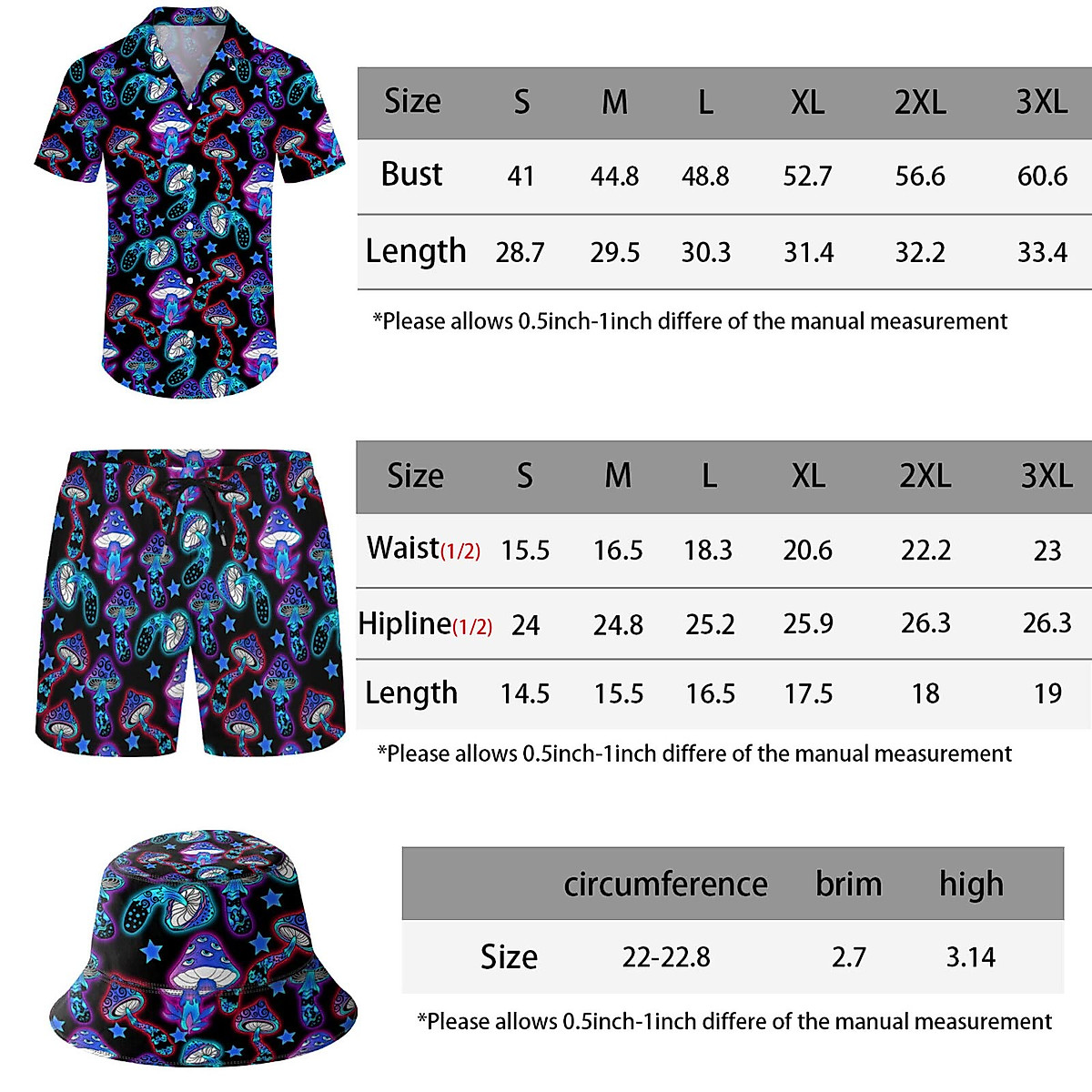 Wdpsuxin Mens 2 Piece Tracksuit Hawaiian Shirt，Mushroom Button Down Shirt and Compression Liner 2 in 1 Shorts Sets with Bucket Hats 3X-Large