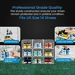 ShoeShield Ultra All Clear Shoe Boxes Plastic Stackable Professional Grade Shoe Display Case with Magnetic Front Drop Door Open Easy Assembly Modern Shoe Sneaker Display Case Fits US Size 14