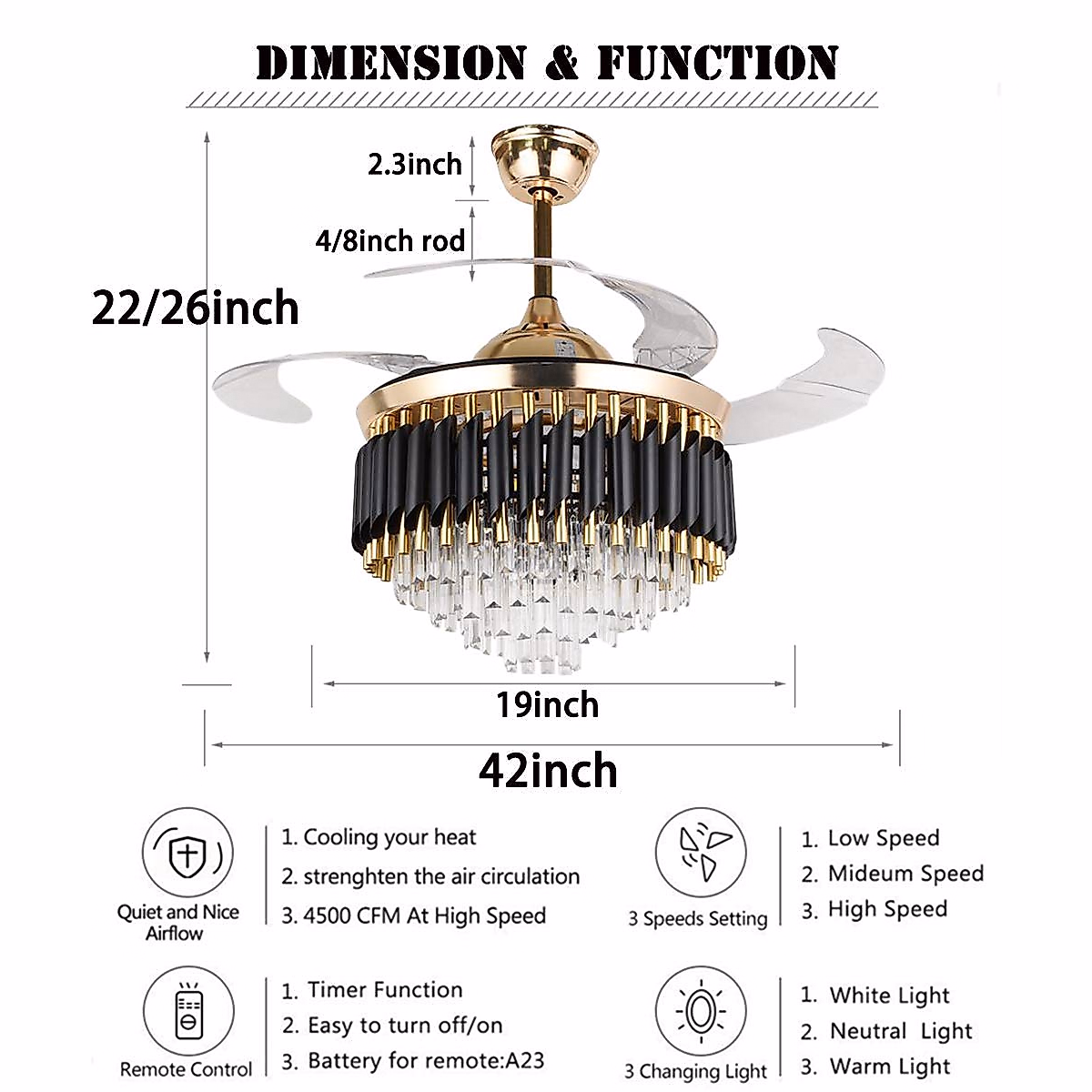 Fandian 42" Crystal Ceiling Fan with Light Remote Control Chandelier Retractable Fandelier, Luxury 3 Color Lighting for Dining Room, Living Room