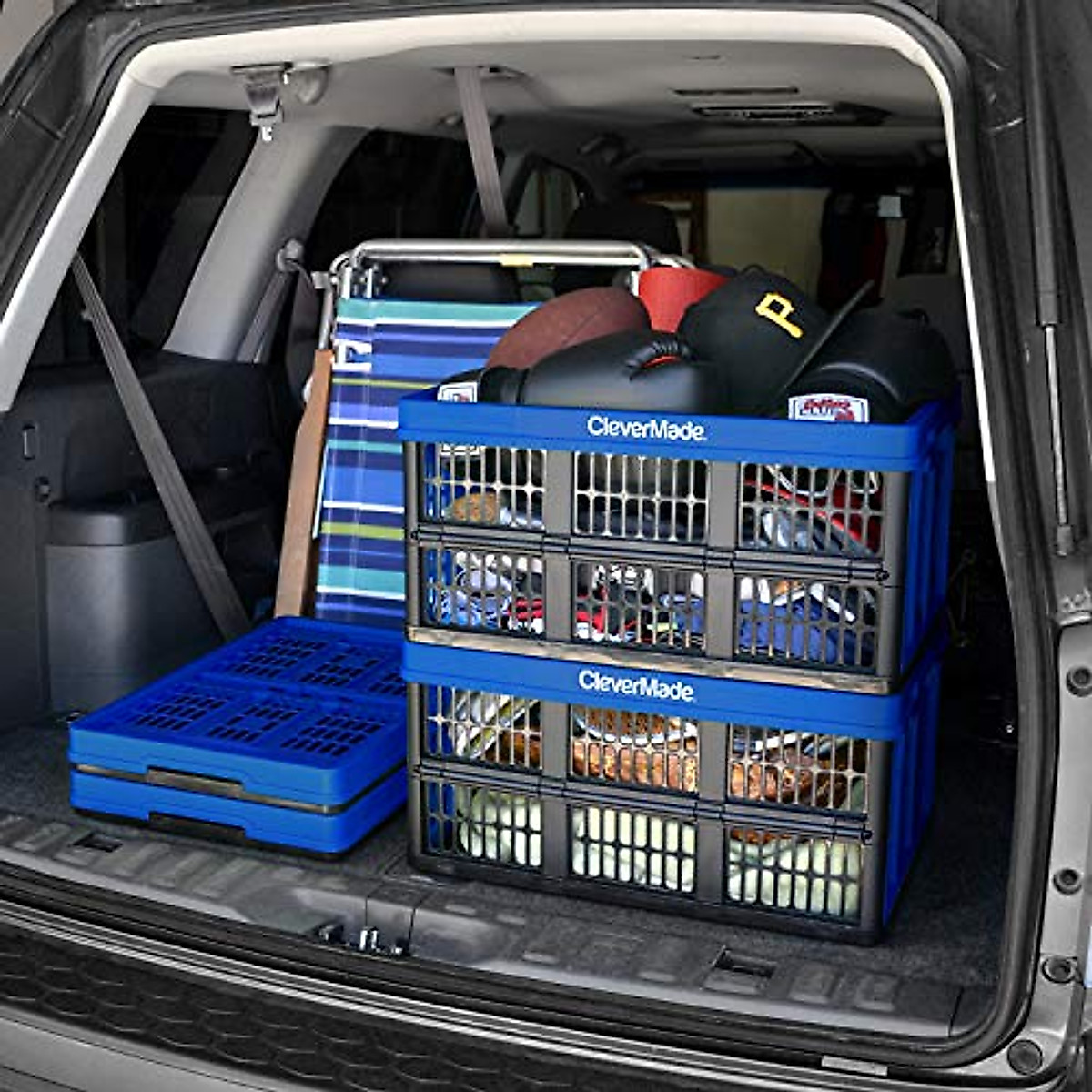 CleverMade 45L Collapsible Storage Bins, Plastic Stackable Grated Wall Utility Containers, CleverCrates Baskets, Royal Blue, 3 Pack