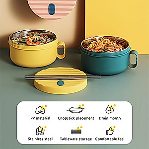 YCXXKJ Microwave Ramen Bowl Set Ramen Cooker with Handles Noodle Bowls with Lid and Chopsticks Stainless Steel Liner Dishwasher Safe for Home Office College Dorm Room(Yellow & Green)