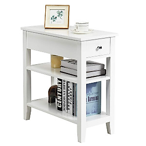 Giantex Narrow End Table, Small Side Table with Drawer and Shelf, Wood Accent Sofa Table, Skinny Nightstand for Small Space Living Room Bedroom (1, White)