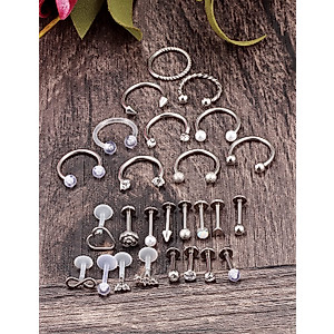 Vsnnsns 16G Lip Rings Stainless Steel Opal Horseshoe Labret Monroe Lip Rings Nail Cartilage Tragus Helix Earrings Studs Septum Ring Medusa Piercing Jewelry Retainer For Women Men Silver 8mm 26PCS