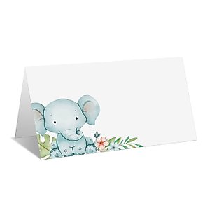 Place Cards for Blue Elephant Party, Editable Name Place Cards, Seating Place Cards for Tables, Tent Style Cards for Baby Shower, Birthday Party, Easy Folding, Pack of 25 Escort Cards(B04)
